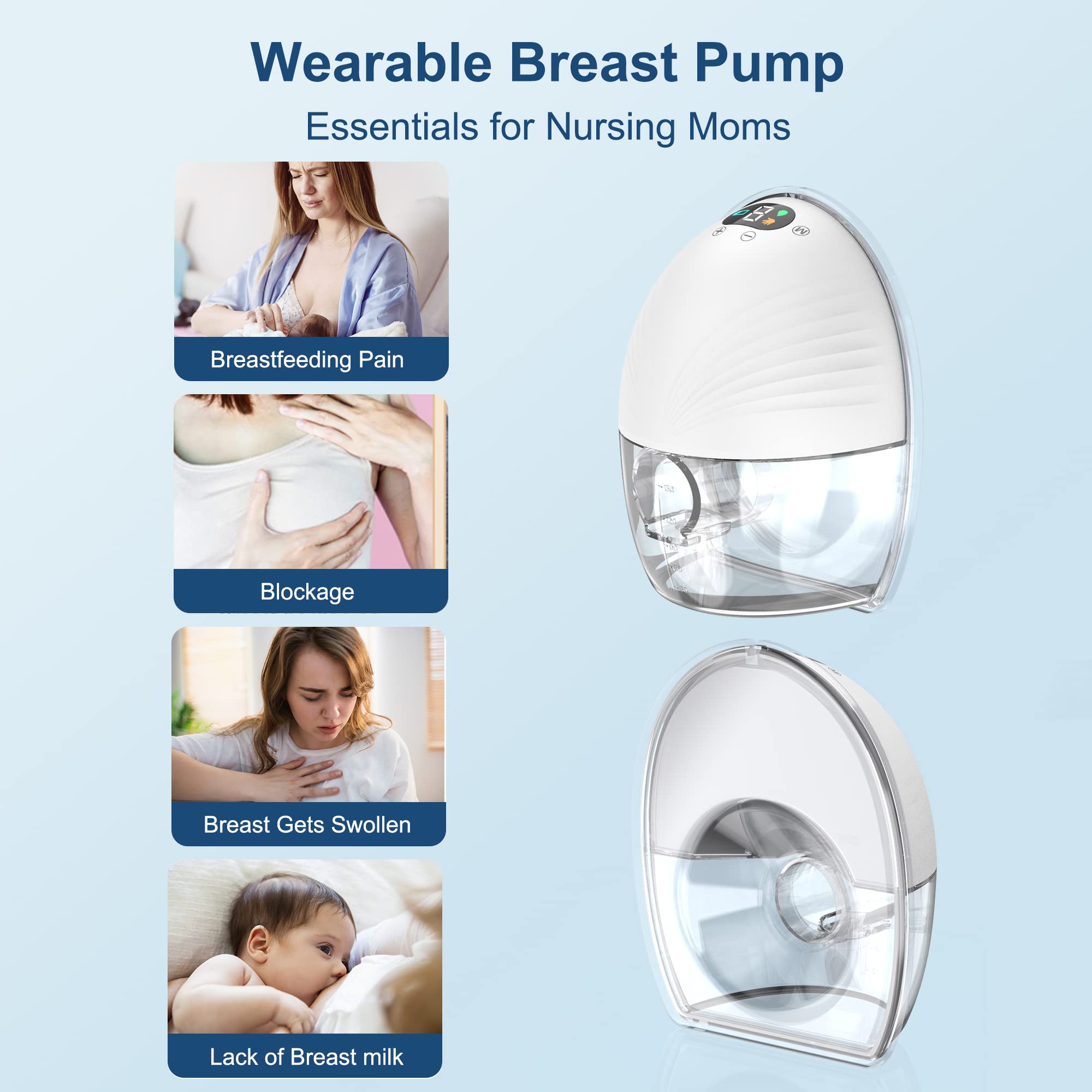 Double Wearable Breast Pump with 24mm Flanges, Low-Noise and Painless Hands Free Electric Breast Pump (White-2Pc)