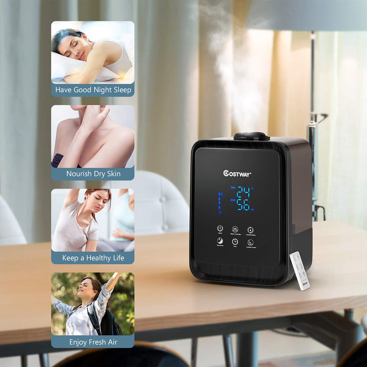 COSTWAY Ultrasonic Air Humidifier, 4.5L/1.2 Gallon, Warm and Cool Mist Humidifier, Whisper-quiet Operation, w/LED Touch Display and Remote Control, for Bedroom, Living room, and Baby room (Black)