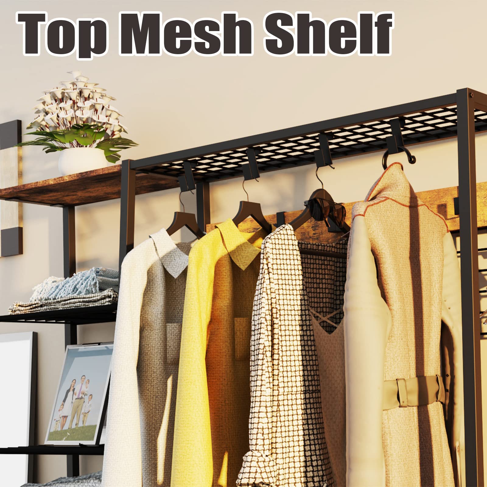 LGHM Modern Versatile Hall Tree with 10 Fixable Metal Hooks, Coat Rack Stand with 6 Side Shelves, Entryway Shoe Bench with Adjust Coat Rack, Top Mesh Shelf, 2 Fabric Box Rustic Brown