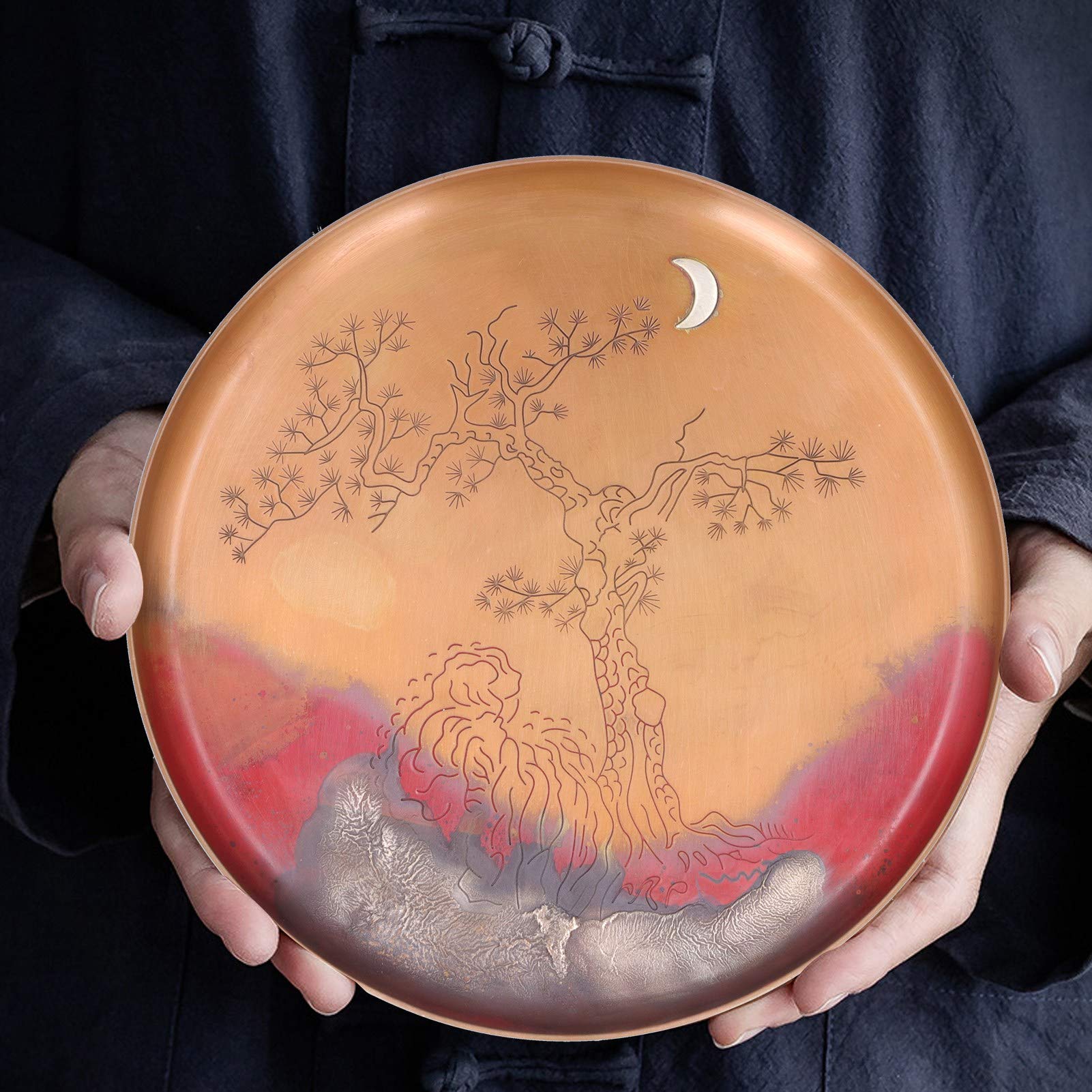 DEPILA Round Pine Tree Pattern Pot Holder, Tea Tray Japanese Style Hand Made Tea Cup Holder Red Copper Plate Teaware for Home Use Dish