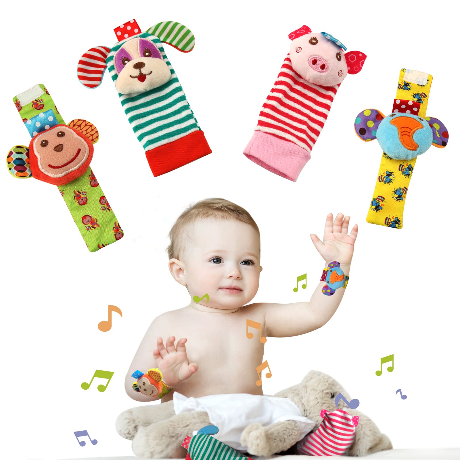 SIYWINA Wrist Rattle Foot Finder Socks 4 Pcs Baby Rattle Toys Gift for Infant Boy Girl
