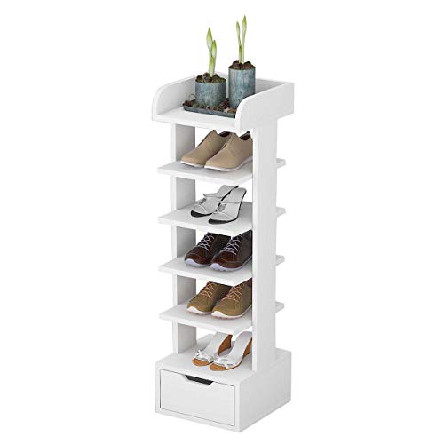 Mepplzian 6-Tier Vertical Shoe Rack, 11” Wooden Shoe Storage Stand with Drawer, Modern Shoe Rack Organizer, Free Standing Shoe Rack Cabinet for Closets Entryway & Small Space, White