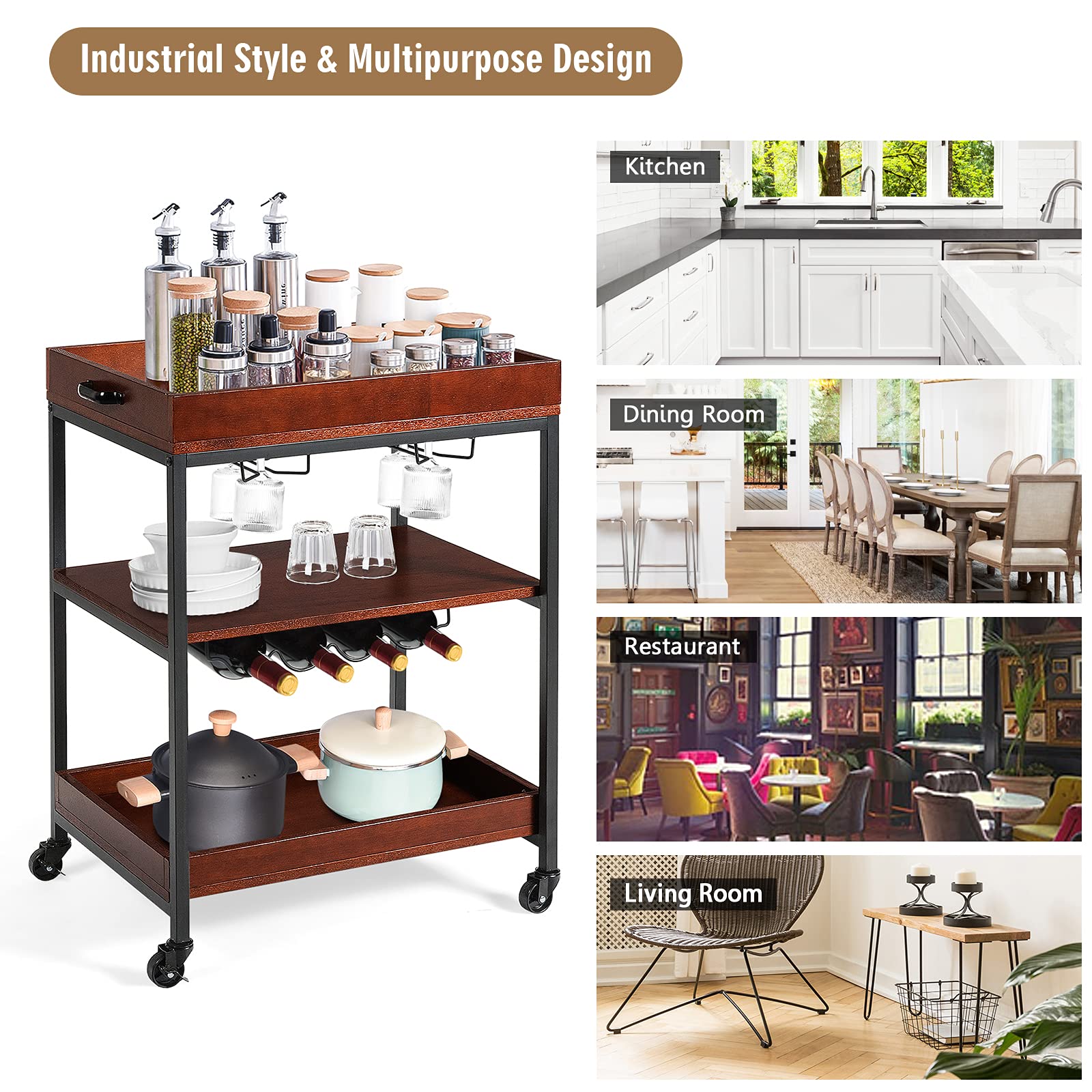 COSTWAY Kitchen Rolling Island Cart, 3-Tier Rolling Bar Serving Cart with Wine Rack & Glass Holders, Industrial Baker’s Rack on Wheels, Convenient Handle, Brown