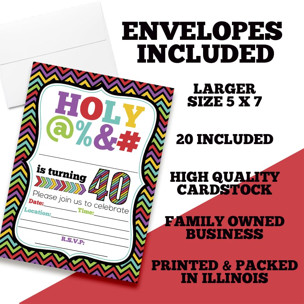 HOLY @% 40th Birthday Party Invitations, 20 Funny 5x7 Fill In Cards with Twenty White Envelopes for Milestone Birthdays by AmandaCreation