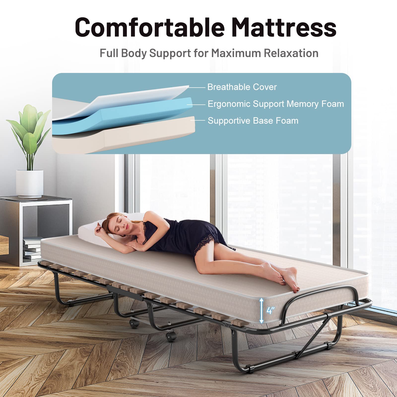 KOMFOTT Folding Rollaway Bed with 4" Mattress, Foldable Rollaway Bed with Memory Foam Mattress for Adults, Portable Fold Up Guest Bed with Sturdy Steel Frame on Wheels for Home & Office, Made in Italy