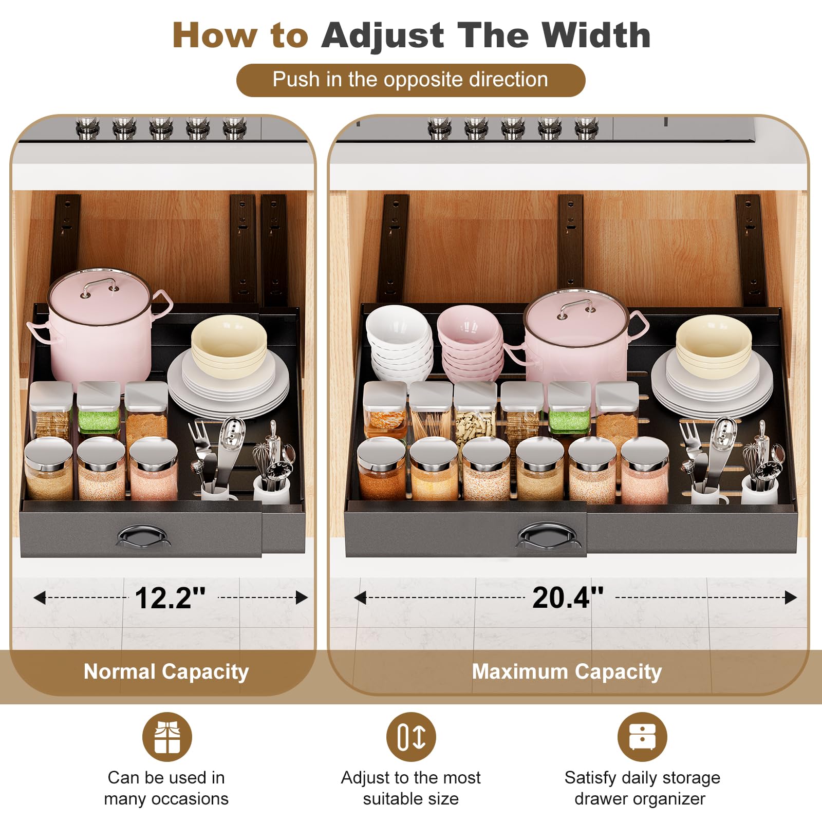 DOUNIWAN Pull Out Cabinet Organizer, Heavy Duty Slide Out Drawers,Expandable (14.4'' to 20.4'') Fixed With Adhesive Nano Film for Pots, Roll out Shelf Storage Kitchen,Pantry,Bathroom Storage