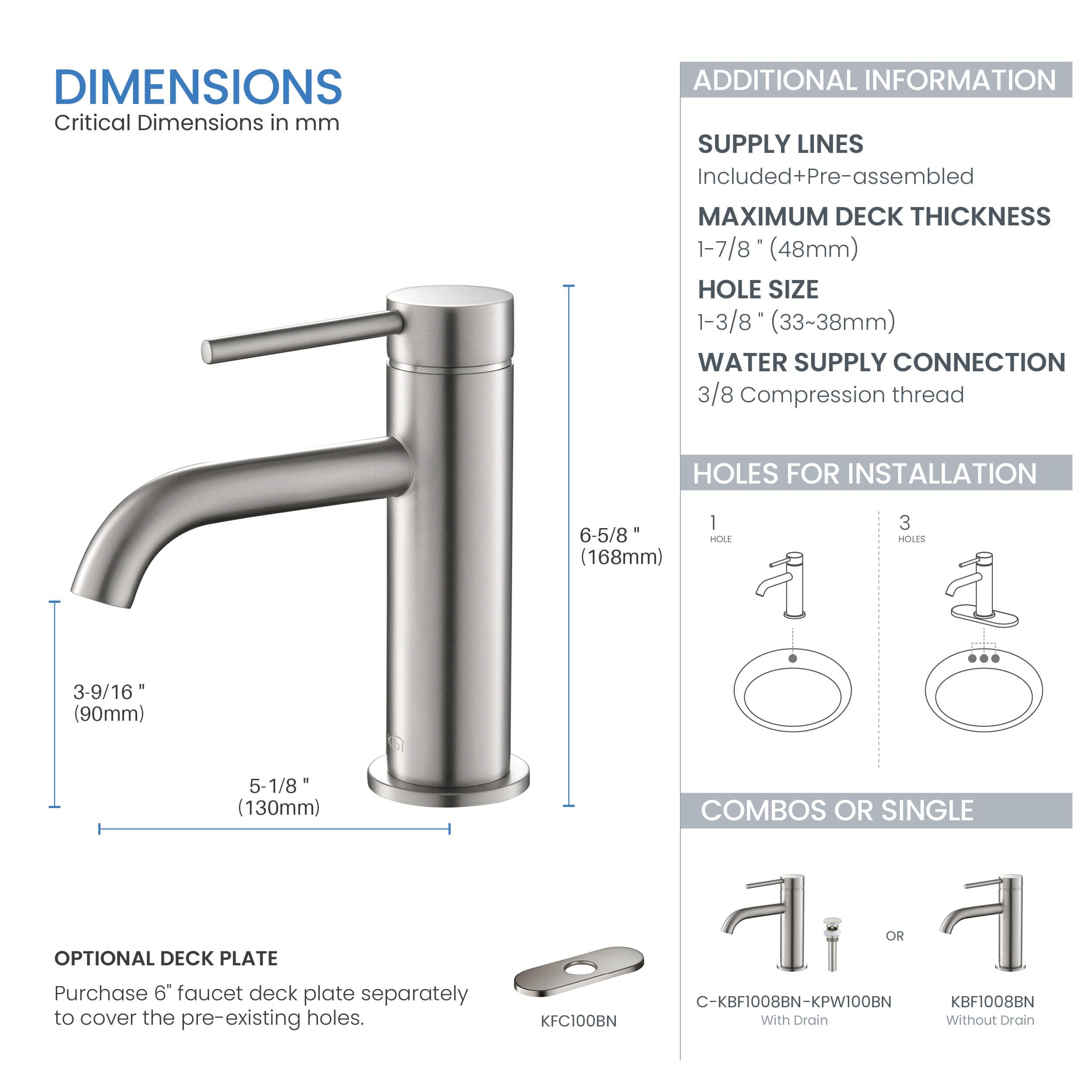KIBI Circular Single Handle Bathroom Vanity Sink Faucet with Pop Up Drain | Solid Brass Lavatory Faucet with Water Supply Hose | Durable and Corrosion-Resistant | Brushed Nickel, KBF1008