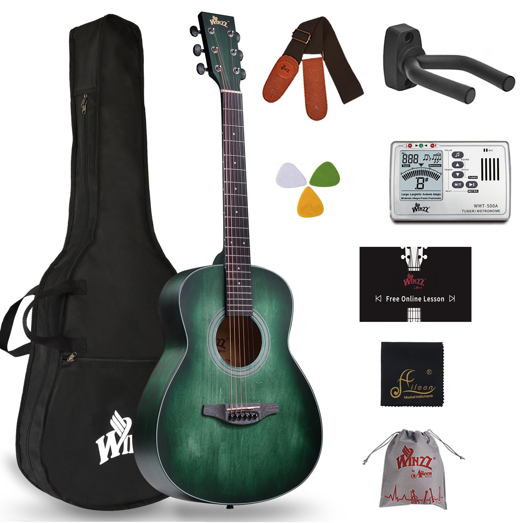 WINZZ HAND RUBBED Series - 36 Inches 3/4 Dreadnought Acoustic Acustica Guitar Bundle, Dark Hunter Green