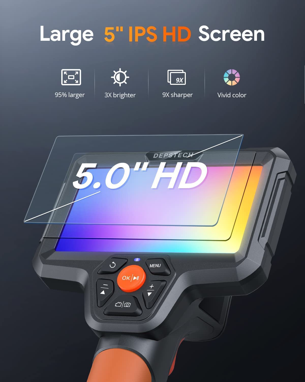 DEPSTECH 5.0MP Dual Lens Borescope, 5'' IPS Screen Endoscope Camera with Light, Industrial Video Inspection Camera, 10ft Gooseneck Snake Camera, Waterproof Scope Camera Tool for Wall, Pipe, Automotive