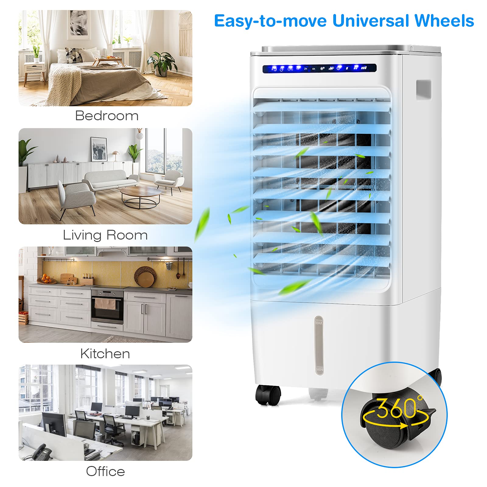 COSTWAY Portable Evaporative Air Cooler for Room, Include Remote Control, 4 Ice Packs, Portable Bladeless Fan with 3 Modes, 3 Speeds, 7H Timer, 6L Water Tank, Air Cooler for Indoor Use, Bedroom, White