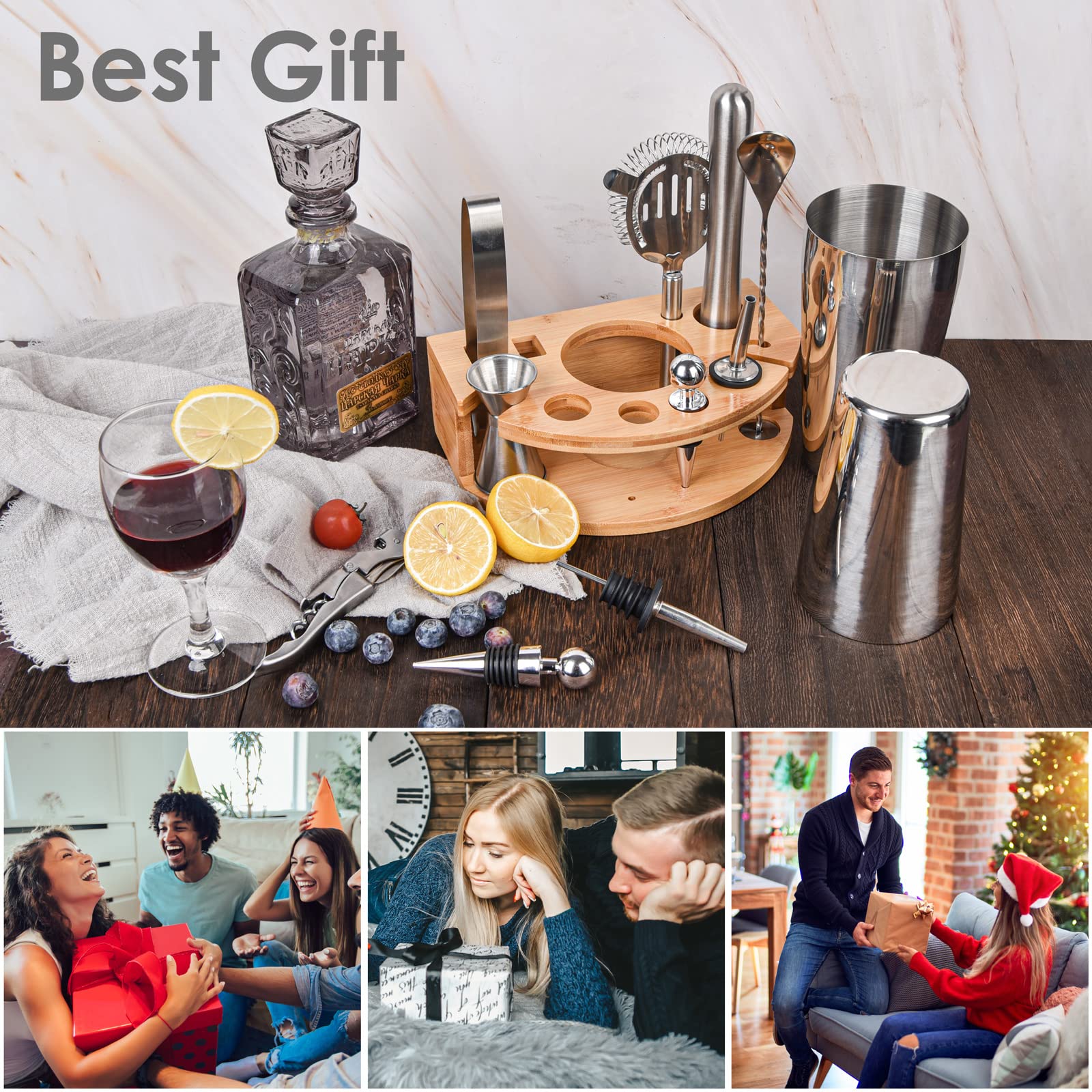 Esmula Bartender Kit with Stylish Bamboo Stand, 12 Piece 20oz/25oz Boston Cocktail Shaker Set for Mixed Drink, Professional Stainless Steel Bar Tool Set, Gift for Man Dad- Cocktail Recipes Booklet