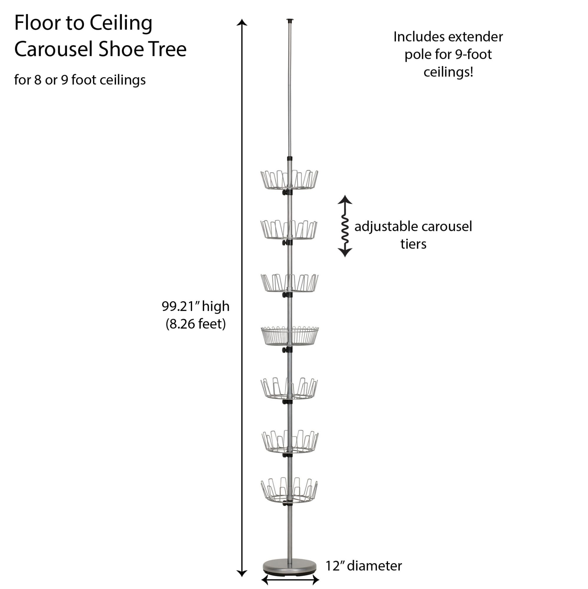 Household Essentials 2197-1 Floor to Ceiling Adjustable 6-Tier Revolving Shoe Rack with Basket - Silver