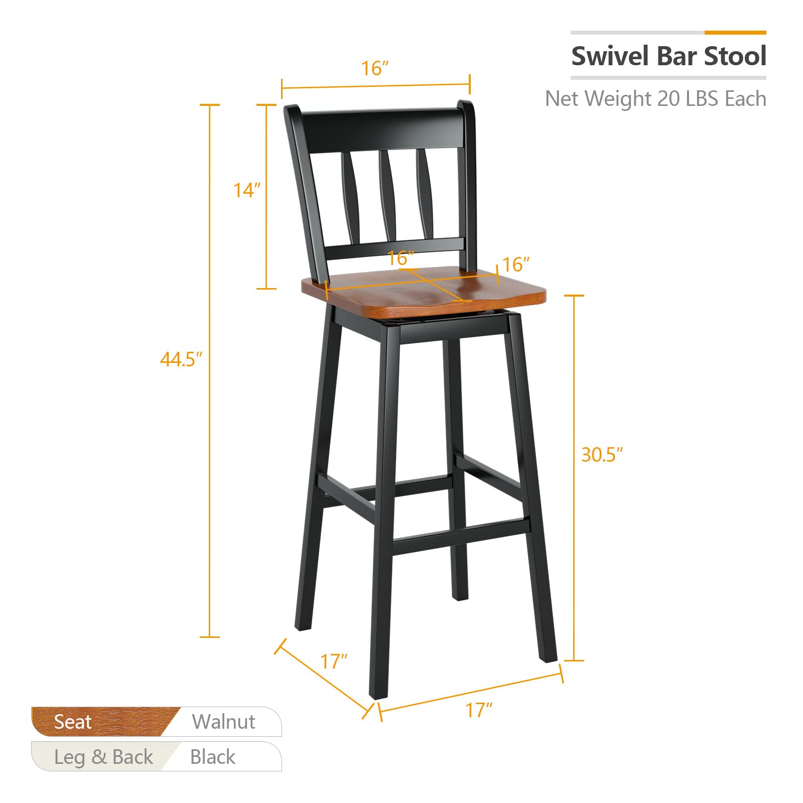 COSTWAY Bar Stools Set of 2, 30.5 Inch Solid Rubber Wood Bar Chairs with 360 °Swiveling, Footrest, Swivel Pub Height Barstools with Back Ideal for Kitchen Island, Counter, Pub(Set of 2, Black)