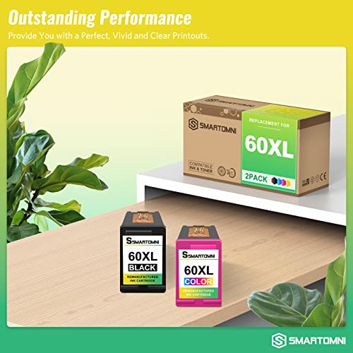 S SMARTOMNI 60XL 60 Ink Cartridge Replacement for HP 60 Combo Pack Color and Black for HP Deskjet D2500 F2430 HP Envy 100 110 120 111 Photosmart C4600 C4780 D110a (2 Pack, Black and Tri-Color)