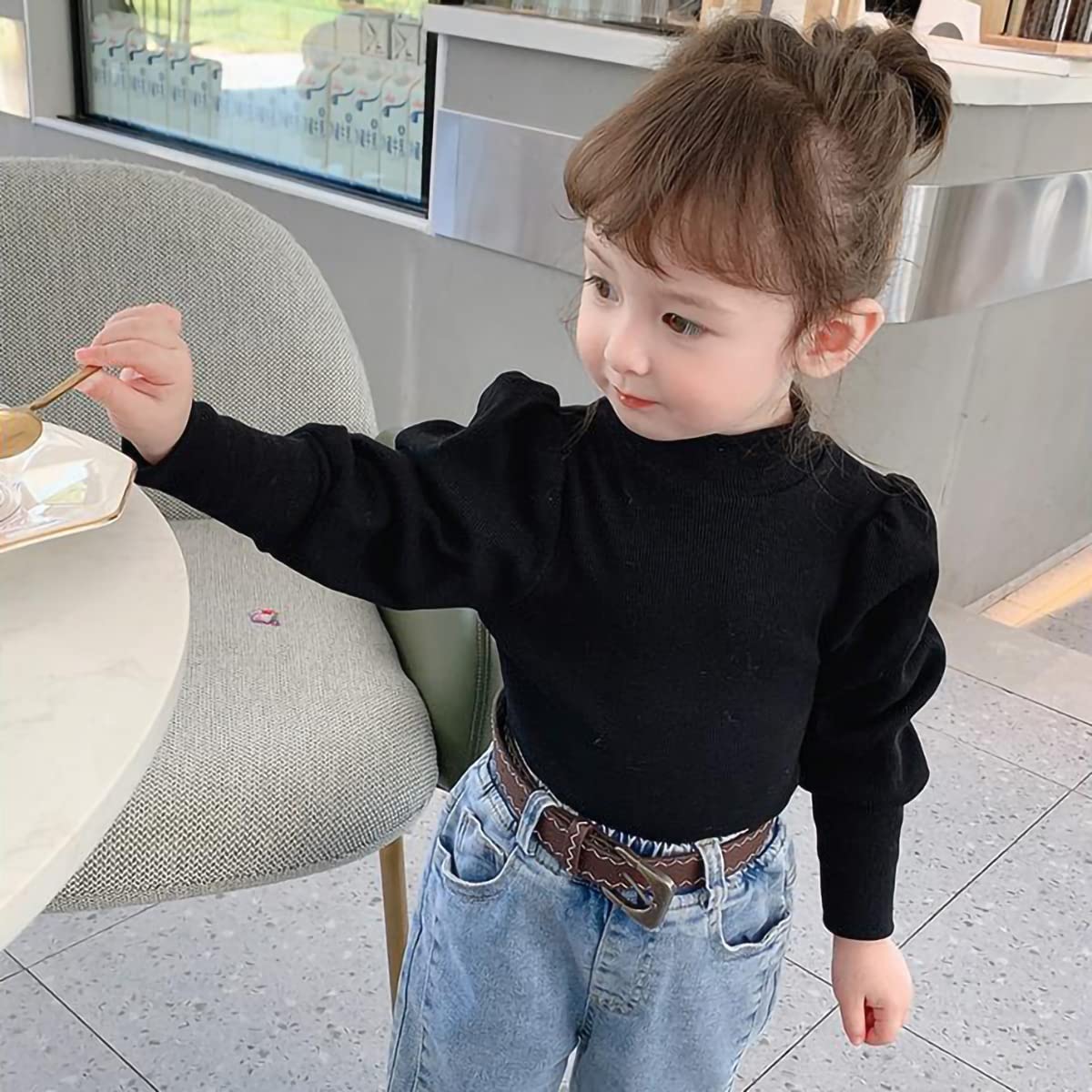 Kid Toddler Baby Girl Basic Solid Turtleneck T-Shirt Blouse Top Puff Long Sleeve Pullover Fall Winter Clothes (Black, 7-8 Years)
