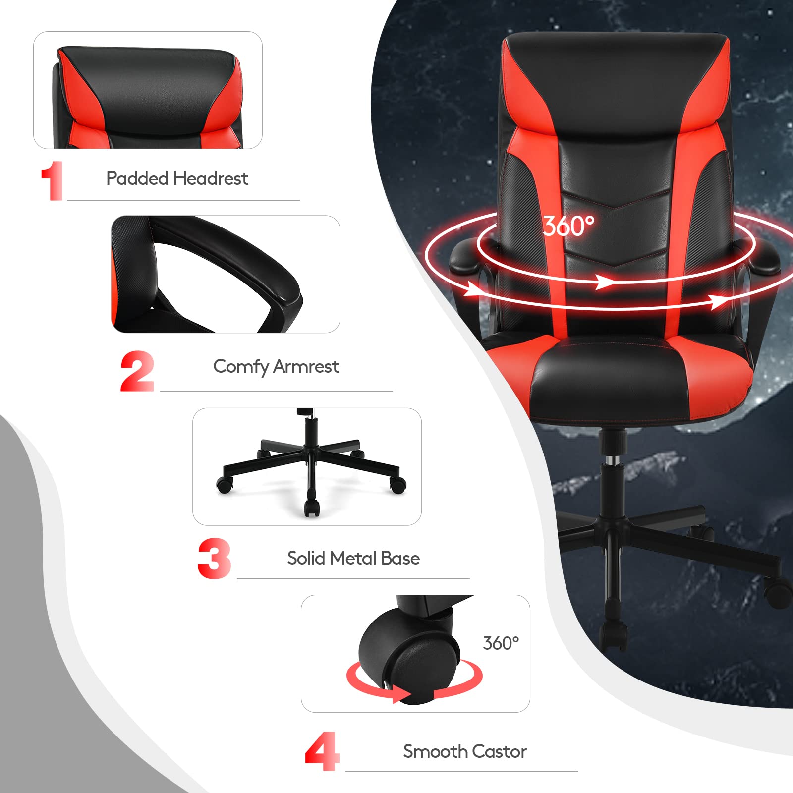 COSTWAY PU Leather Office Chair, Racing Style High Back Swivel Chair with Height Adjustable, Padded Headrest and Armrests, Ergonomic Computer Desk Executive Chair for Working Studying Gaming (Red)