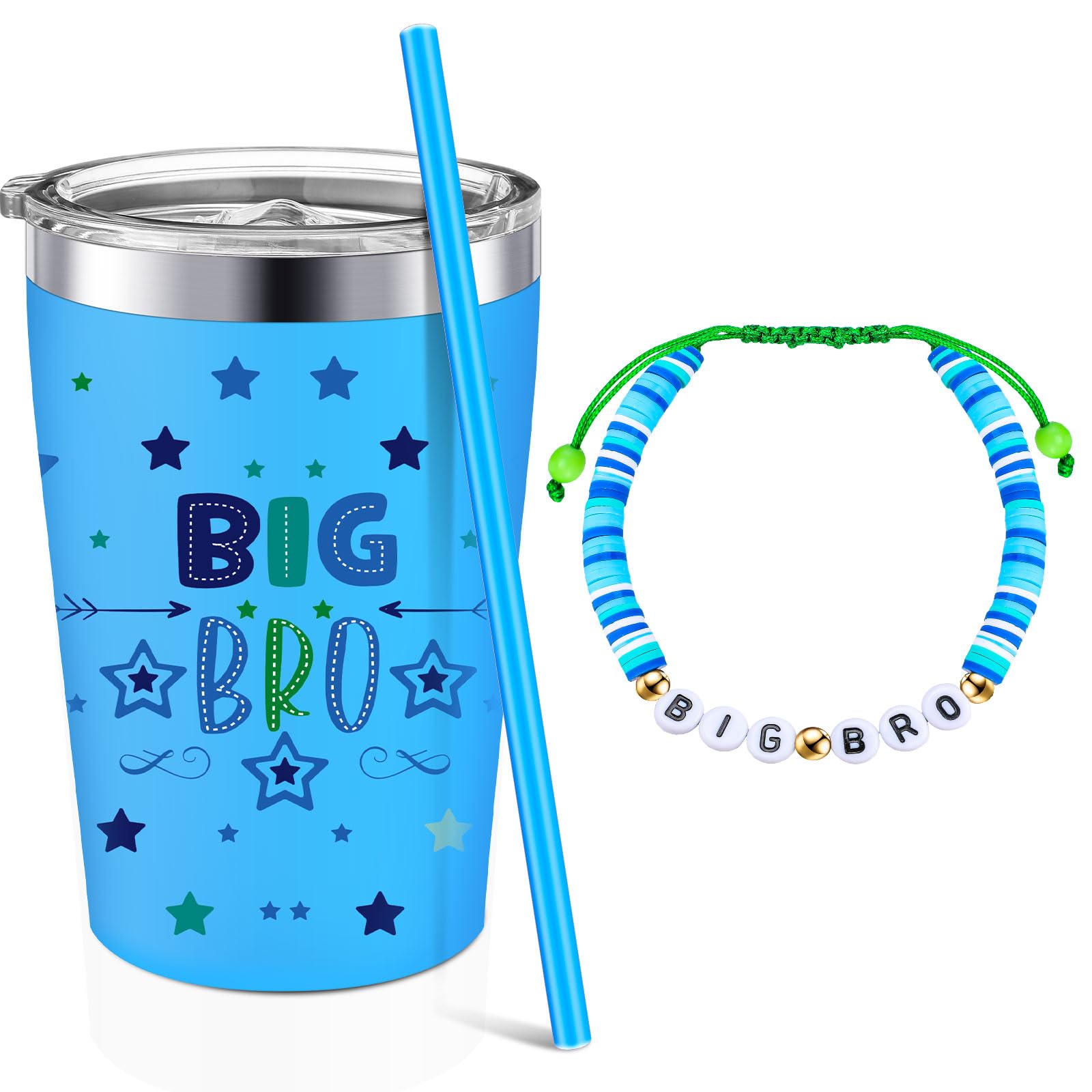 Maxcheck 2 Pcs Big Brother Gift Brother Christmas 12 oz Big Brother Cup Stainless Steel Mug Blue Vacuum Insulated with Leak Proof Lid and Straw Big Brother Bracelet for Little Boy
