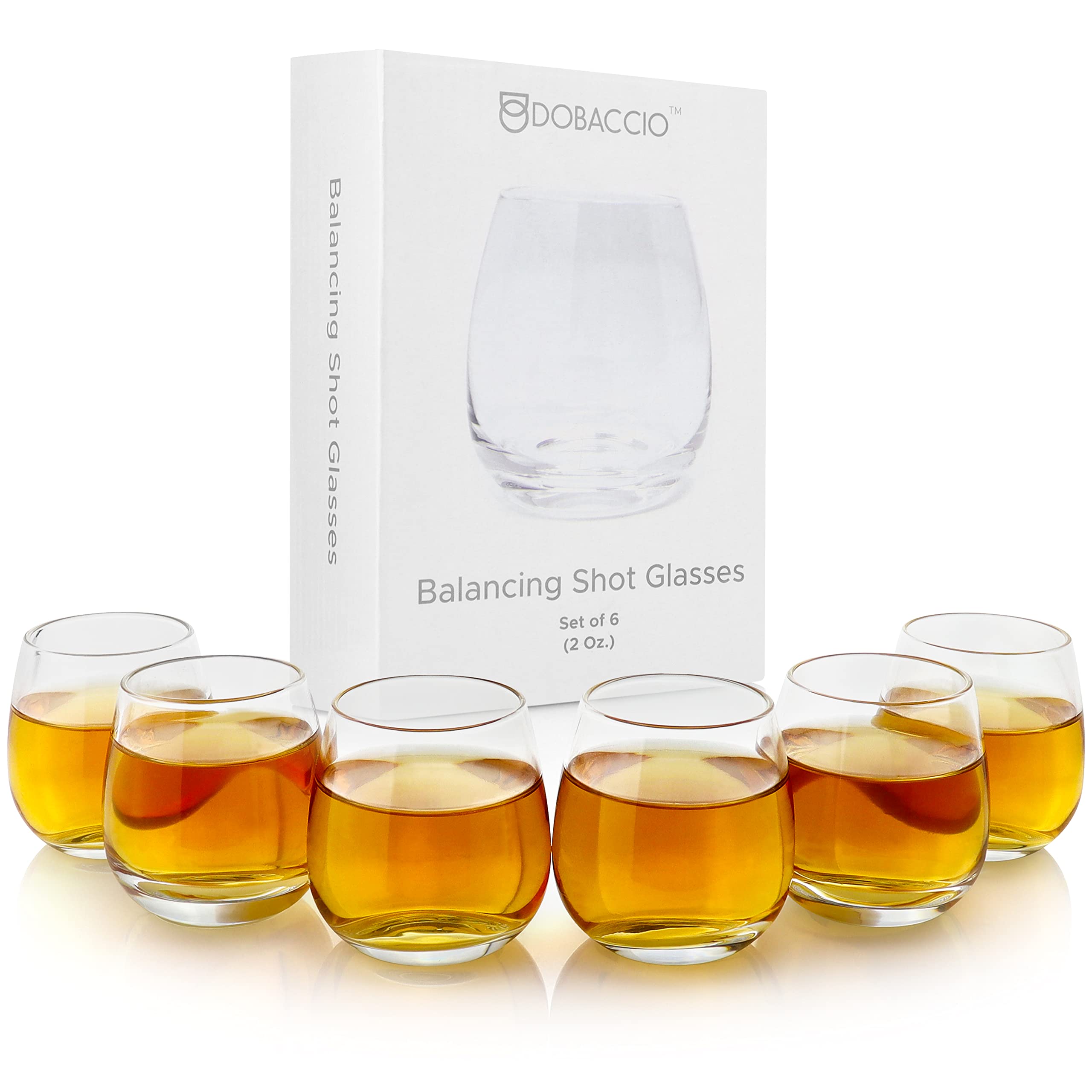 Dobaccio Cool Shot Glasses Set, Round Bottom Balancing Heavy Base Clear Glass, Tequila Vodka Scotch and Liquor Cordial Mini Cups, 2 oz, 6 pcs Gift set
