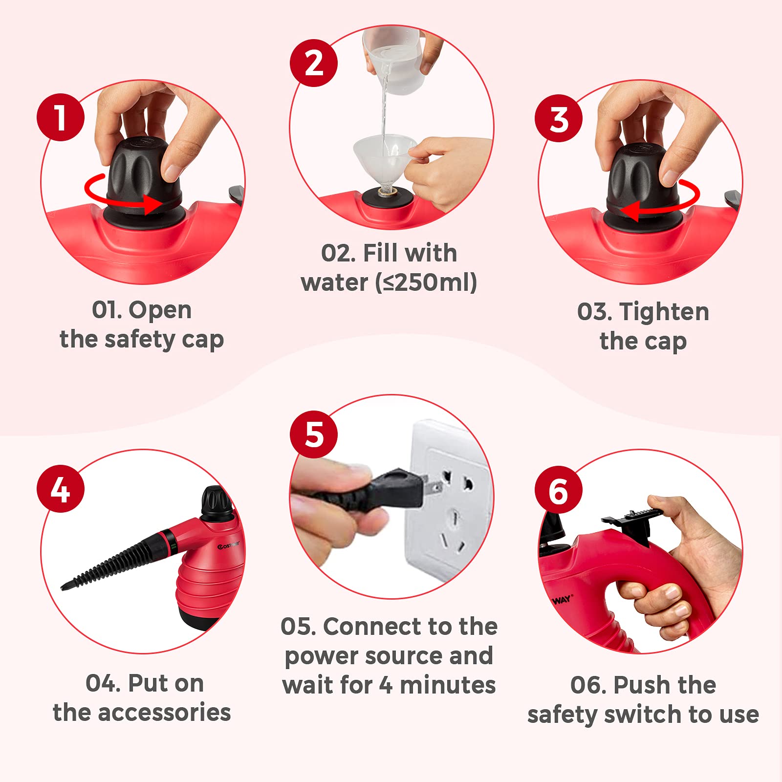 COSTWAY Handheld Steam Cleaner, 1050W Multipurpose Steamer Cleaning with 9-Piece Accessory Set, Safe Lock, Chemical Free and Powerful, Portable Steam Cleaner for Kitchen, Bathroom, Windows, Floors (Red)
