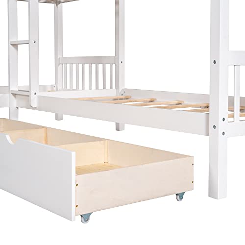 HYC L-Shaped Bunk Bed with Drawers, Bunk Bed for 4 Twin Over Twin for Boys Girls Kids Teen Wood Quad Bunk Beds Frame, White