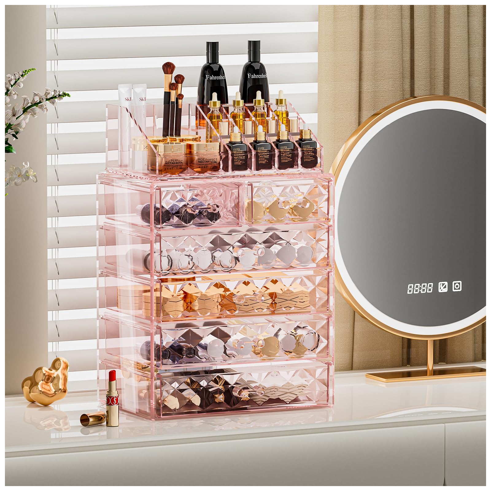 COMVTUPY Clear Makeup Organizer with Brush Holder, Large Acrylic Cosmetic Display Jewelry & Make Up Organizers and Storage for Vanity, Bathroom (3 Large, 4 Small Drawers, Diamond Pink)