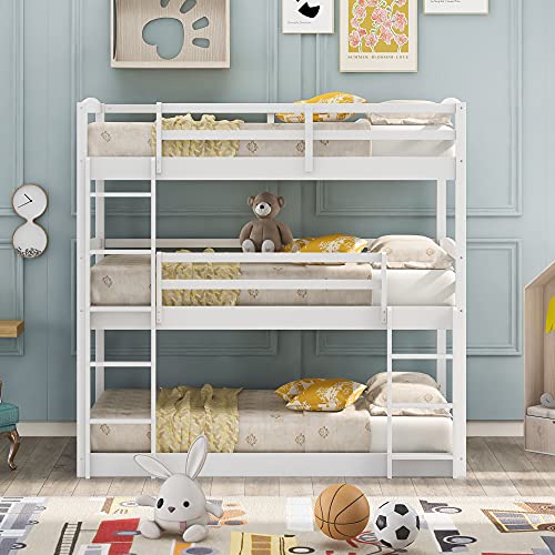 Lifeand Twin Over Twin Over Twin Triple Bunk Bed with 2 Built-in Ladders,Wooden Floor Bunk Bedframe with Safety Guardrail & Ladder for 3 Kids Teens,White