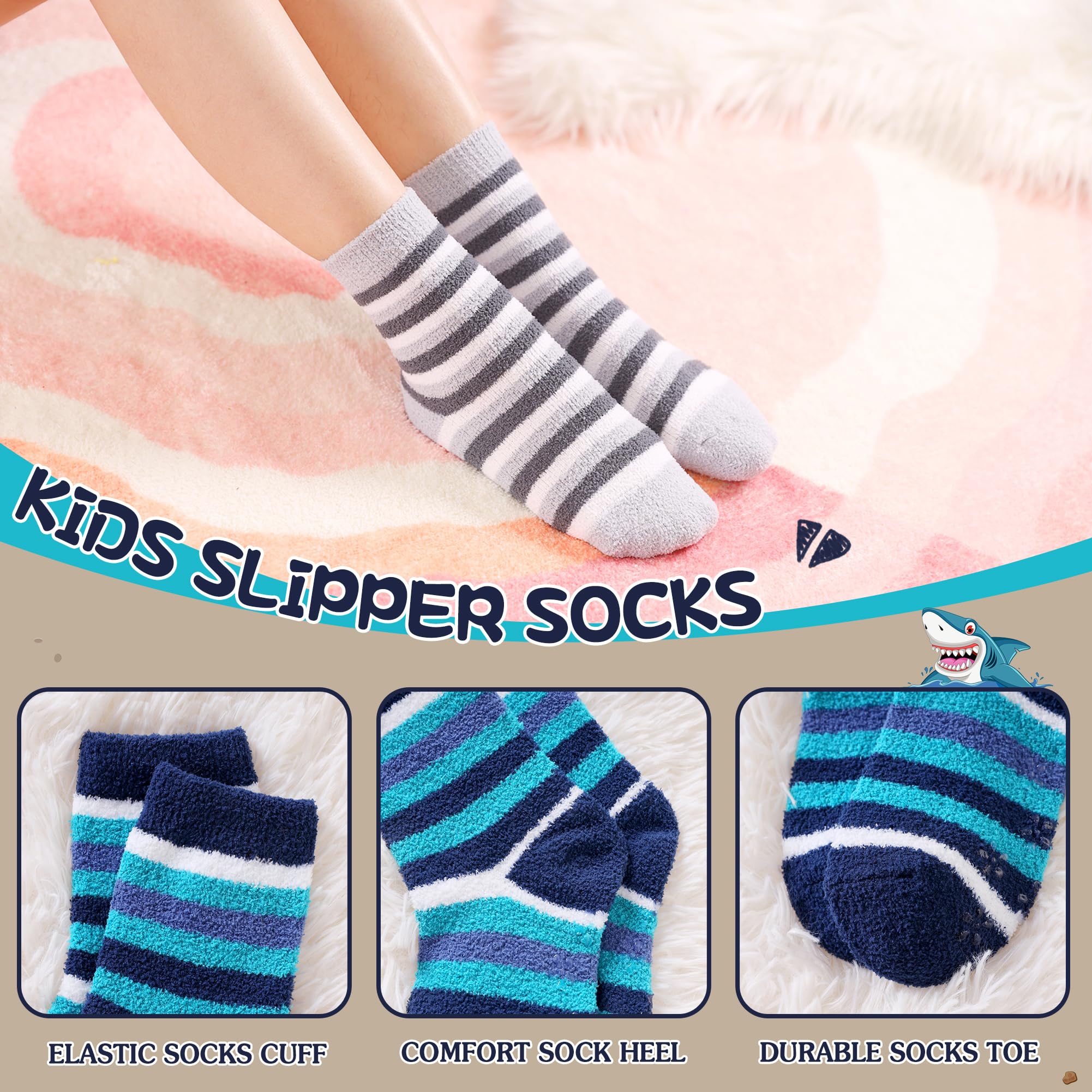 Kids Fuzzy Slipper Grip Socks Boys Girls Non Slip Winter Thick Fluffy Warm Soft Plush Thermal Crew Socks 6 Pairs (4-7 Years, 6 Pairs Stripe)