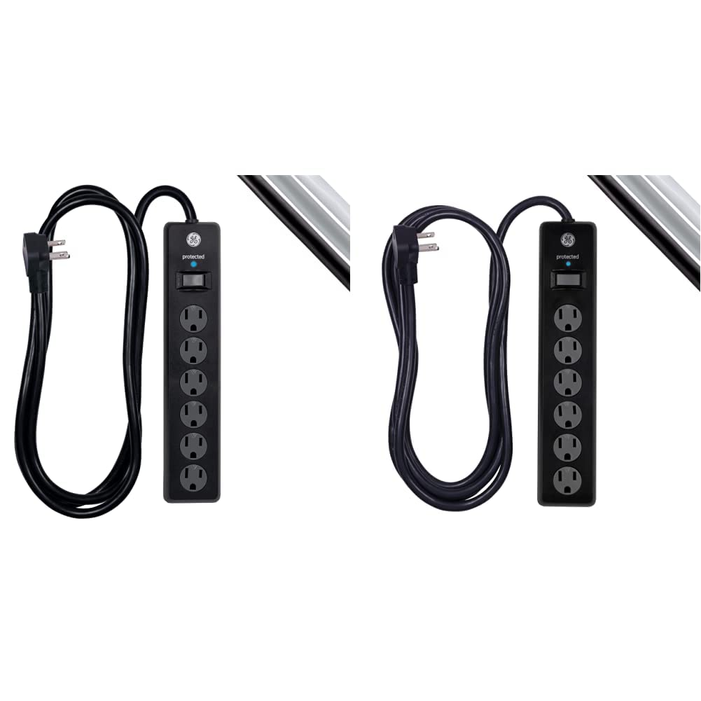 GE 6-Outlet Surge Protectors, 800 Joules & 600 Joules, 6 Ft & 10 Ft Extension Cords, Power Strips, Flat Plugs, Twist-to-Close Safety Covers, Protected Indicator Lights, UL Listed, Black