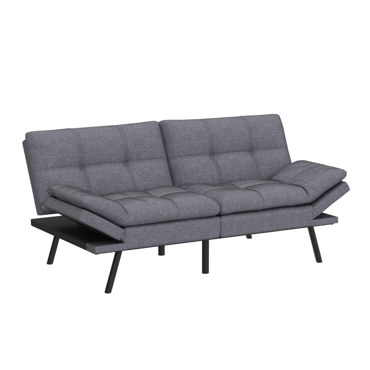 Maxspeed Futon Sofa Bed Memory Foam Sofa Couch Convertible Modern Loveseat Sleeper Sofa with Adjustable Armrests and Metal Legs,Multifunctional Grey Futon Sofa Bed for Apartment, Office, Small Spaces