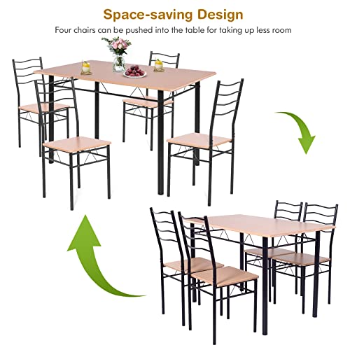 COSTWAY Kitchen Table Chairs Set of 4, 5 Piece Metal Rectangular Dinette Set w/Non-Slip Pad, Space-Saving Design, Modern Dining Room Table Set for Small Place Breakfast Nook Restaurant (Walnut)