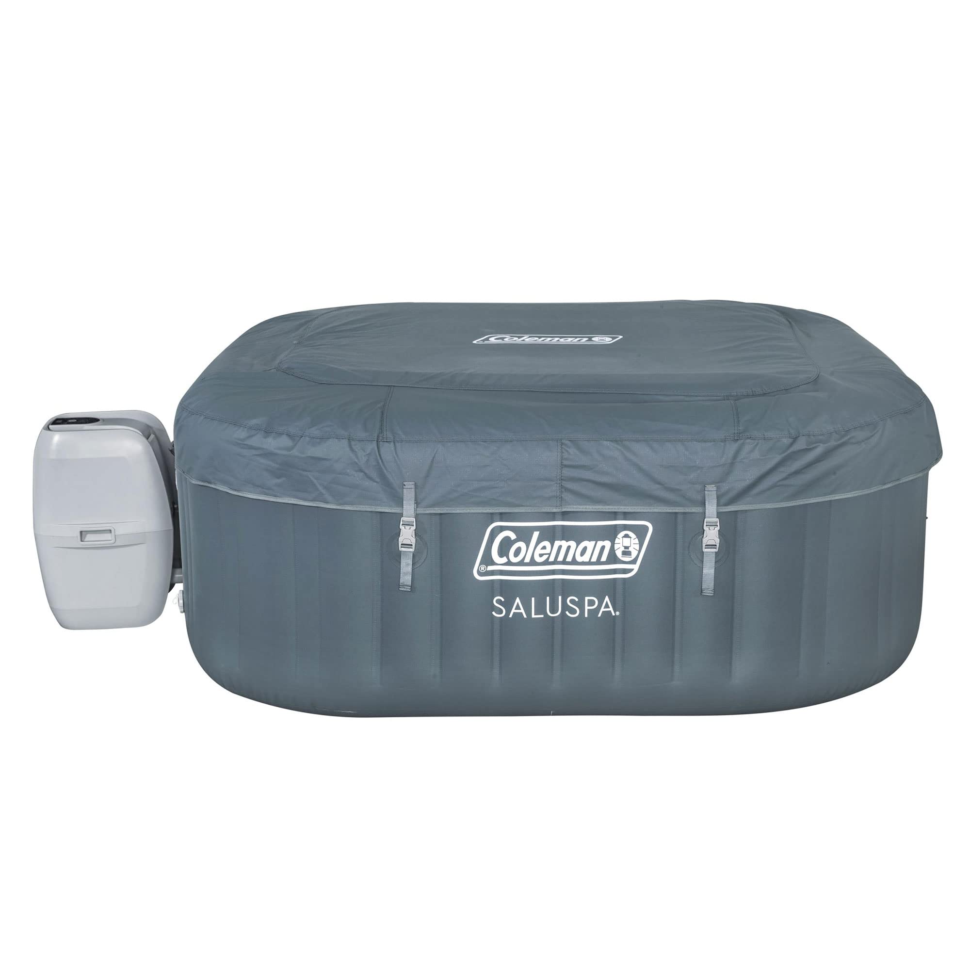 Coleman SaluSpa 140 AirJet Square 4-6 Person Inflatable Hot Tub Spa, Gray, and Intex PureSpa Attachable Cup Holder and Refreshment Tray Accessory, Tan