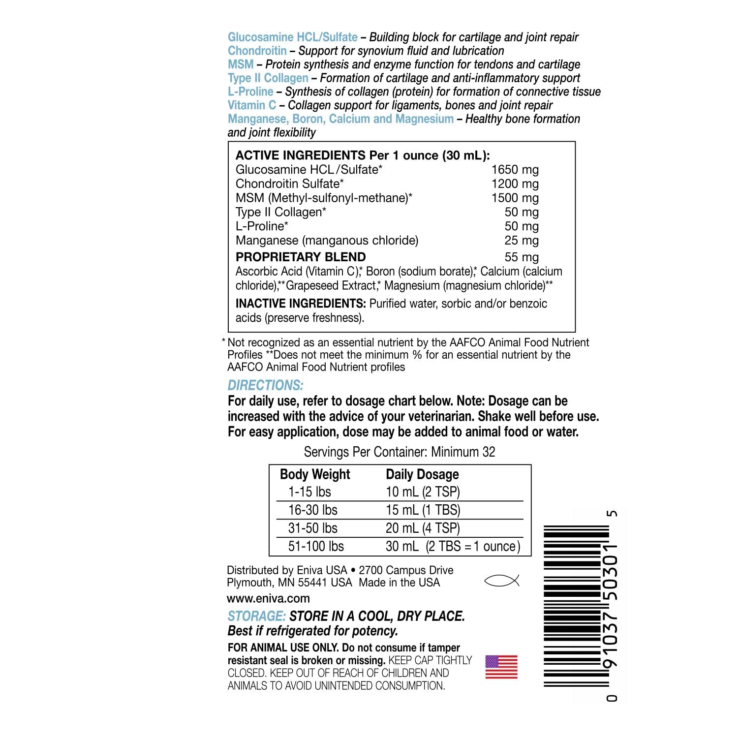 Liquid Glucosamine for All Dogs by Eniva | Hip, Joint, Bones & Teeth, Professional Extra Strength Liquid, Glucosamine, Chondroitin, MSM, Collagen, VIT C, Calcium, Antioxidants | USA Made– 32oz