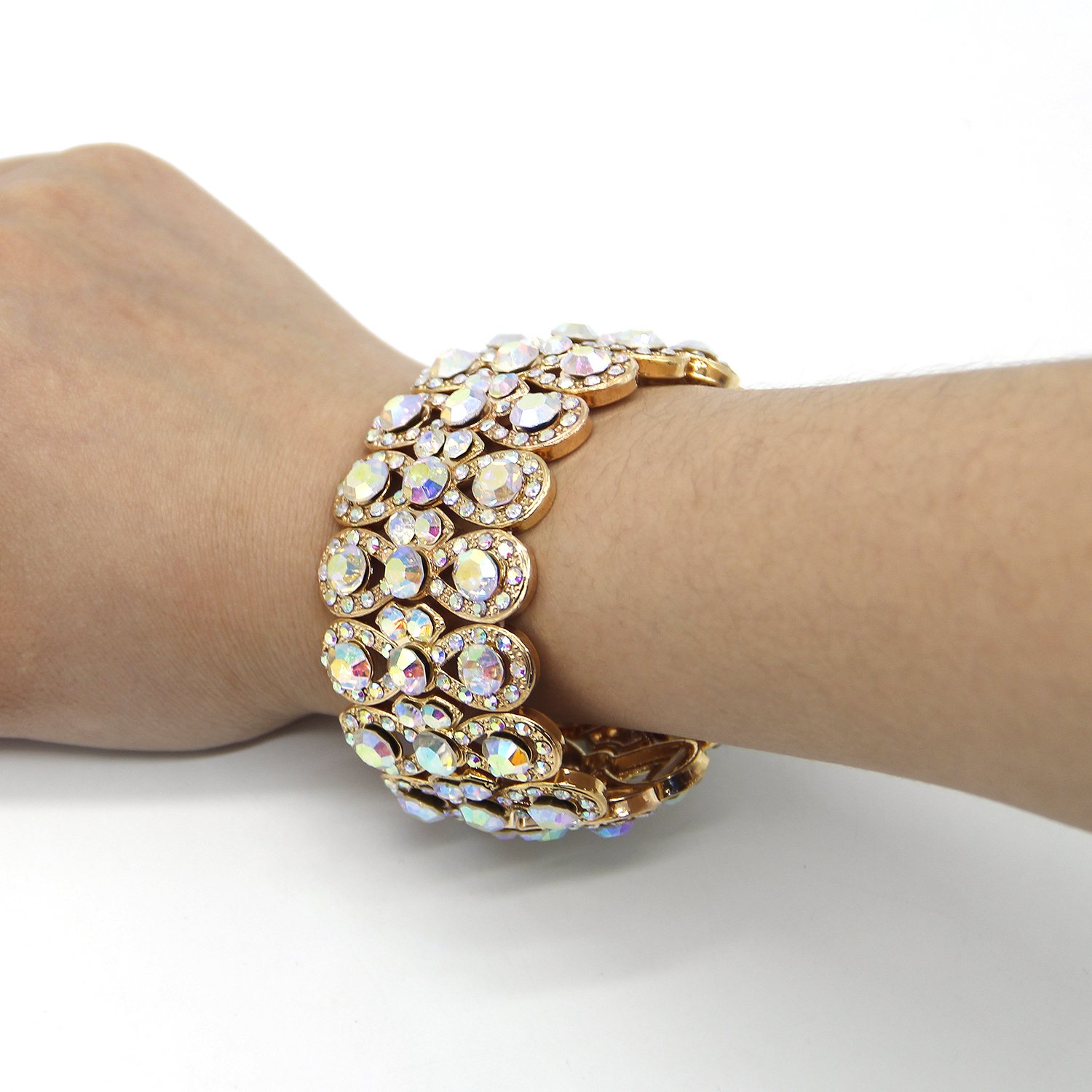 CrazyPiercing Crystal Wedding Bracelet, Gold Tone Stretch Rhinestone Bridal Bracelet, Rhinestone Bangles Statement Wedding Bracelet Jewelry for Women