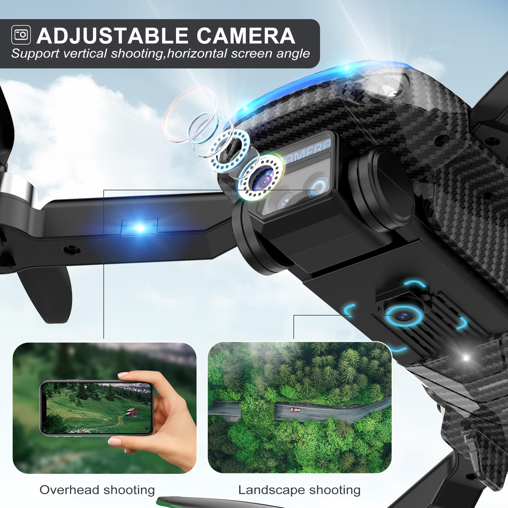 Carbon Fiber Shell 2K Camera Drone,Dual Camera,Four-Sided Obstacle Avoidance,One-Button Lift/Land,2 Modular Batteries,for Children and Beginners