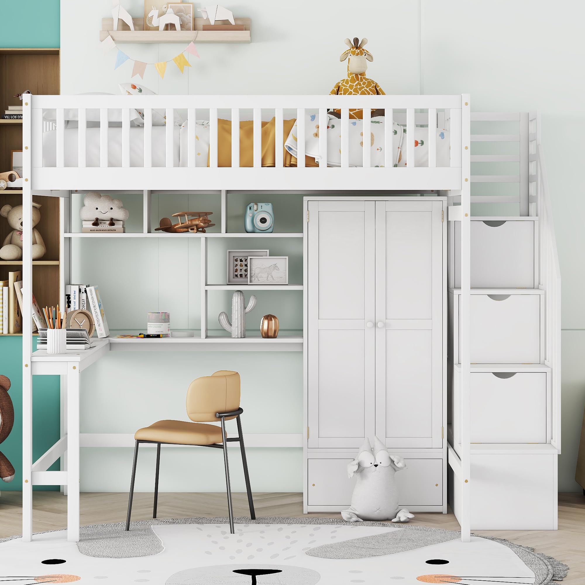Harper & Bright Designs Full Loft Bed with Stairs and Wardrobe, Wooden Full Size Loft Bed with Desk Underneath, Loft Bed with Storage Staircase and Shelves for Girls Boys Teens,White