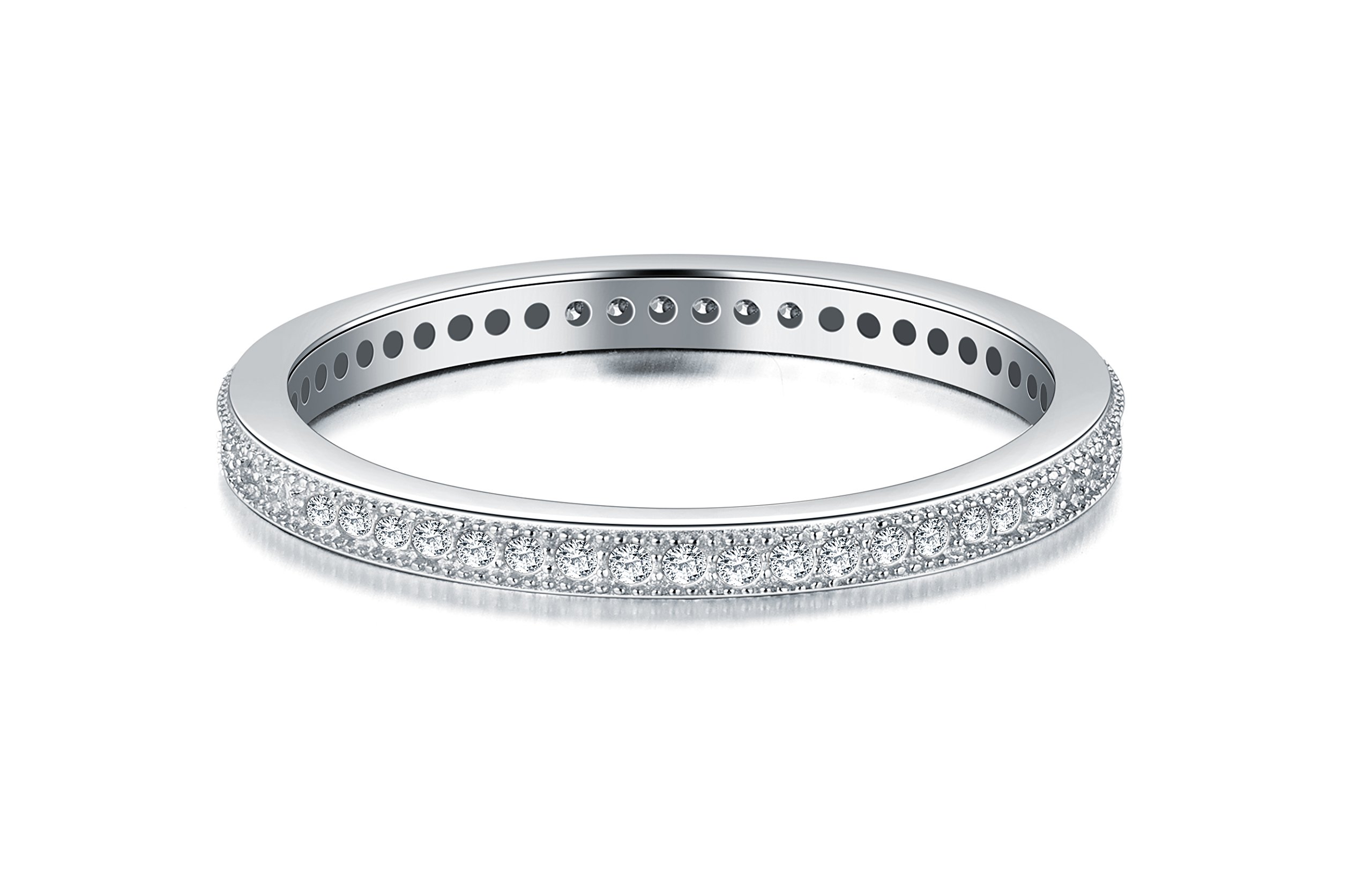 BORUO 2MM 925 Sterling Silver Ring, Cubic Zirconia CZ Wedding Band Stackable Ring Size 8