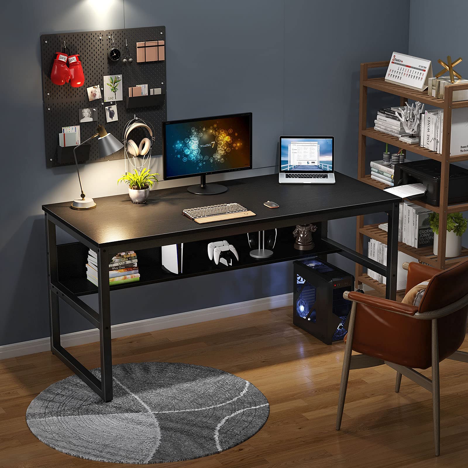 Coleshome Black Computer Desk with Hutch Bookshelf, 55" Office Desk with Storage Drawers, Super Sturdy Writing Desk for Home Office