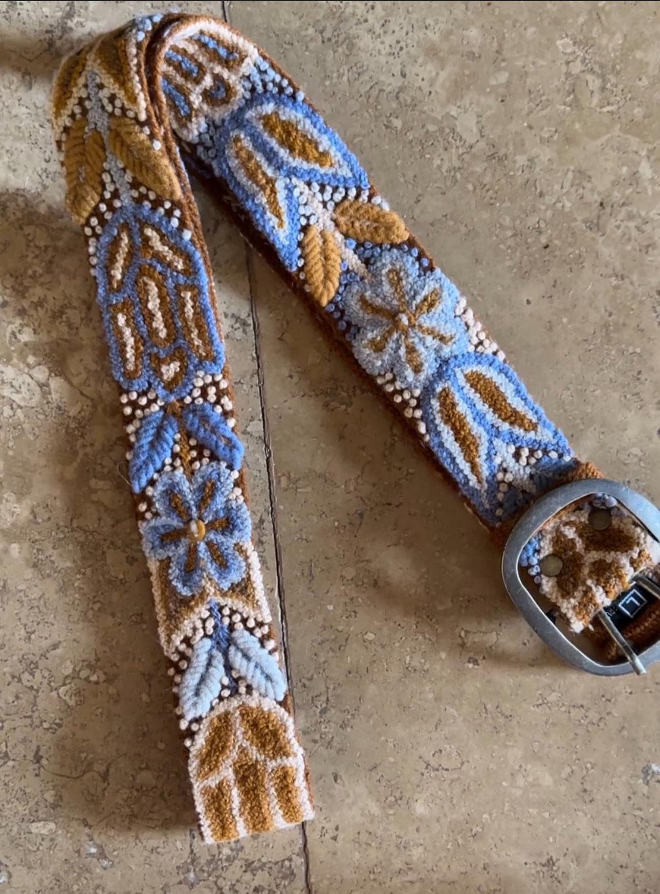 Embroidered Flower Belt, Wool Belt, Peruvian, Hand Embroiderered - Andina Camel/Terracota (Medium 41")