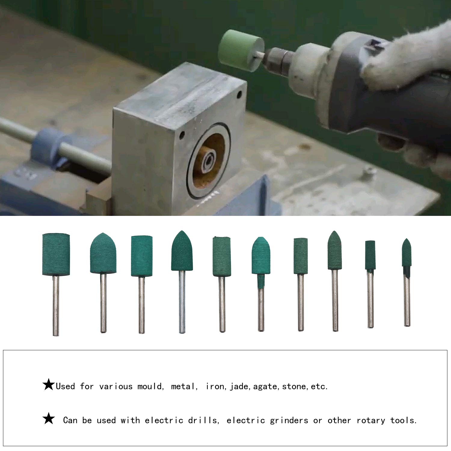 HEYMOUS Rubber Polishing Bits Polishing Drill Bit Green Buffer Abrasive Bits Metal Polish Tips Rotary Tool Accessories 3 mm Mandrel Bullet Cylinder Shape 20 Pieces (Green)