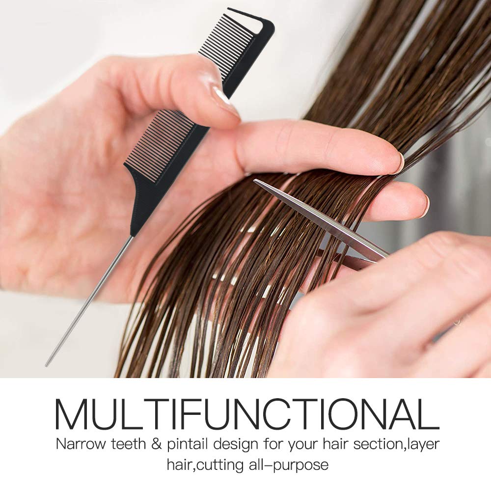 Carbon-Stainless Pintail Resistant Teasing-Parting Styling-Combs - Metal Slim Wire Tail Comb, Rat tail Lift Comb, with Non-skid Paddle for Women hair Parting Backcombing