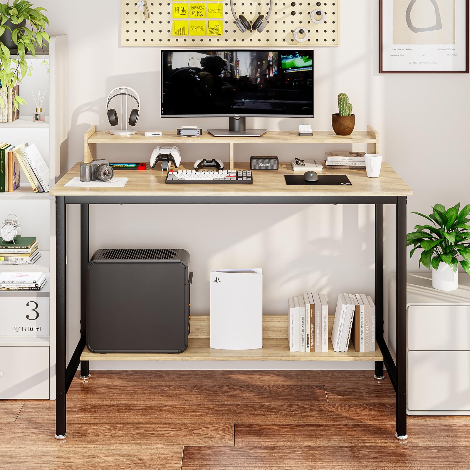 GZSHIYITECH 45" Home Office Desk with Monitor Stand, Can Place 2 Monitors, Can be Used as a Game Desk or Computer Desk ,Modern Design Corner Desk (Ash)