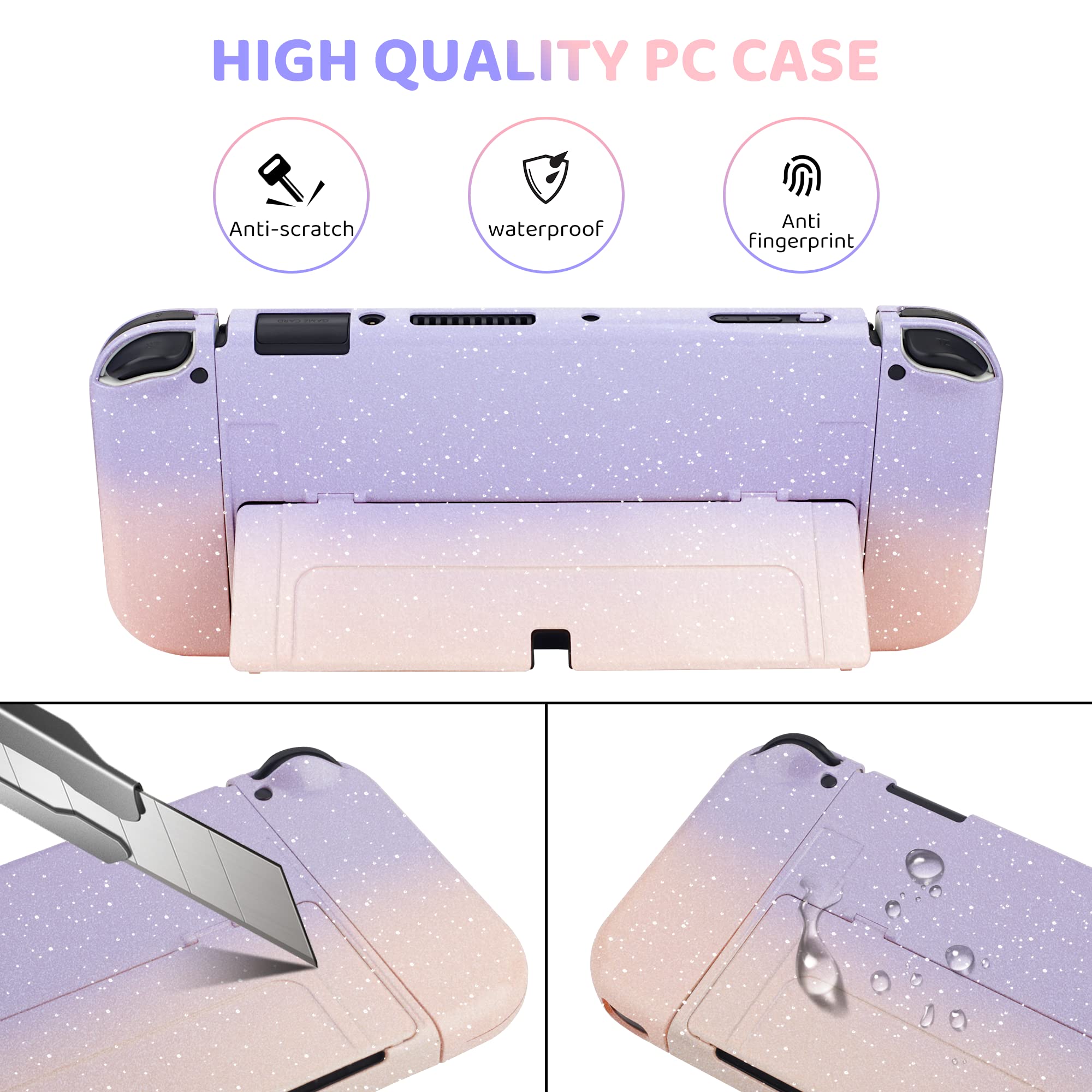 FANPL Glitter Case for Nintendo Switch OLED, Dockable Protective Case Cover for Switch OLED and Joy Con Controller with 2 Cat Paw Thumb Grips (Gradient Pink and Purple)