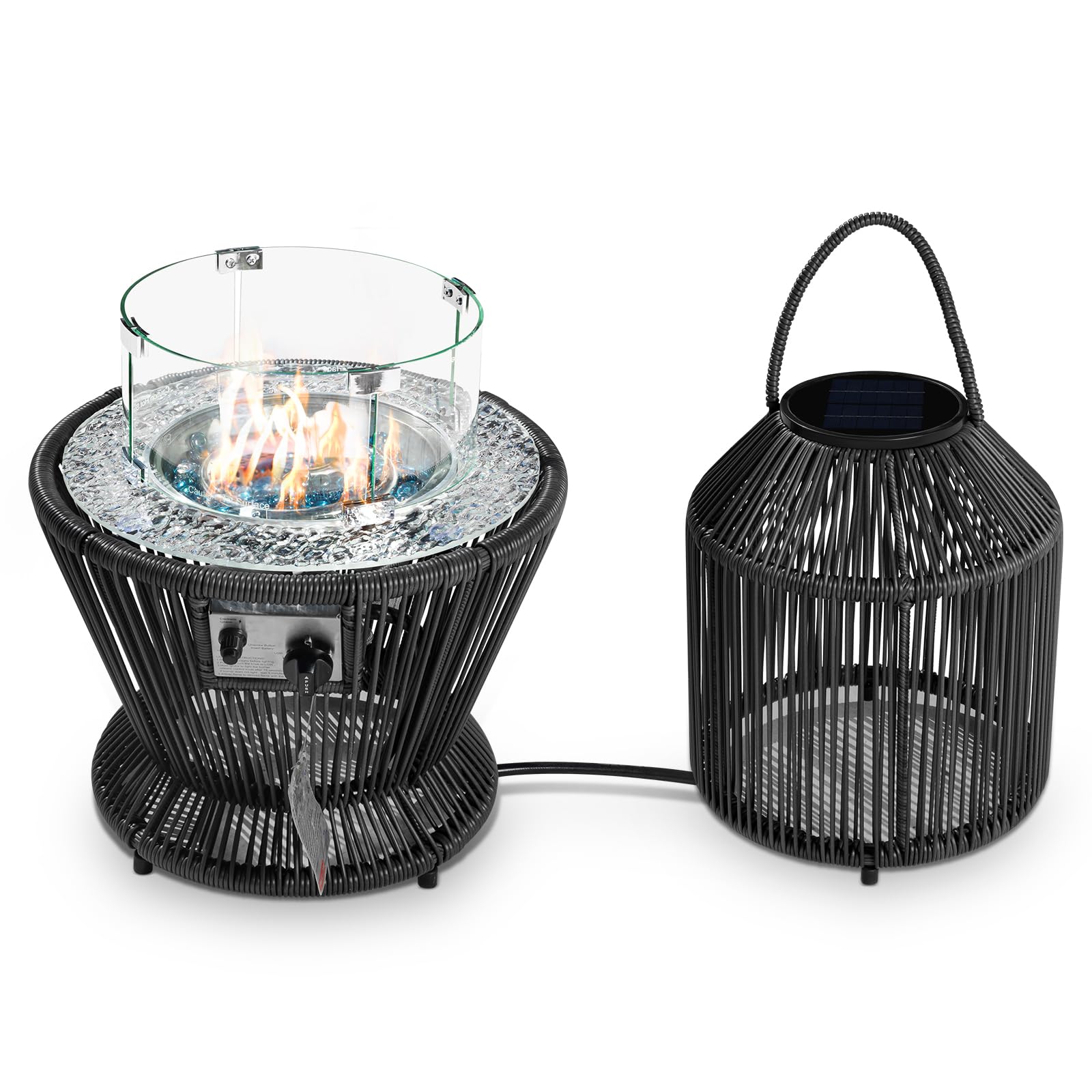 BULEXYARD Grey PE Wicker Patio Propane Fire Pit Table with Solar LED Lamp Cover of Propane Tank, Outside Round Firepit for Garden Deck Backyard