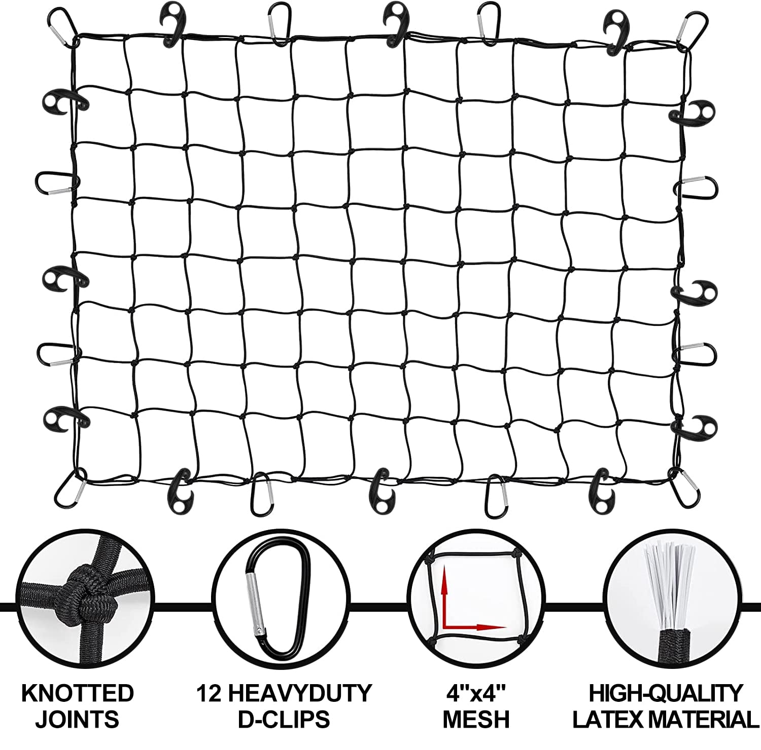 Cargo Net for Pickup Truck Bed - 4 x 6 Foot, Heavy-Duty, Mesh Square Bungee Netting with 12 Black Clips and Storage Bag - Holds Small and Large Loads (3'x4')