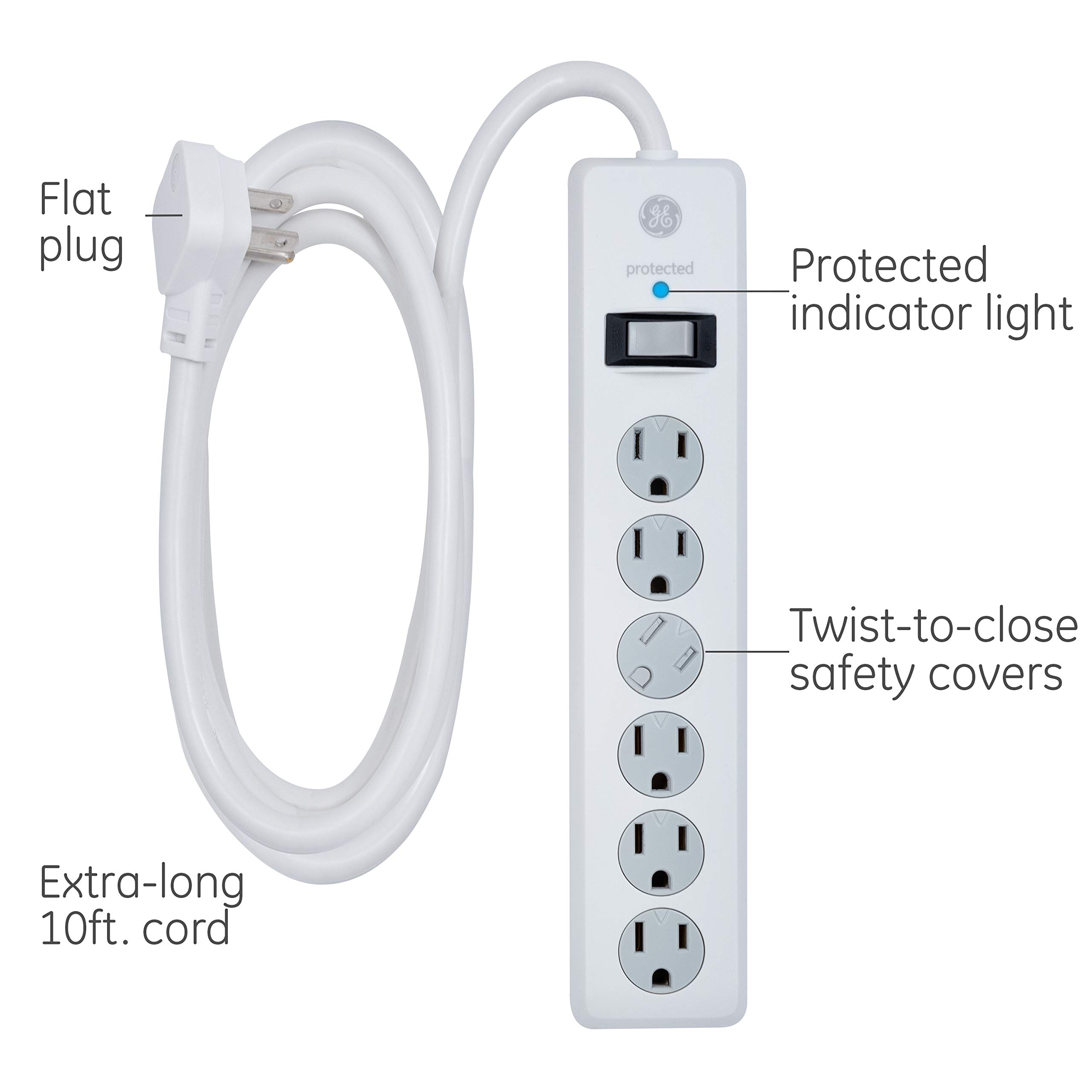 GE Pro 6 Outlet Surge Protector Adapter Spaced Tap, 3-Prong Power Strip, White & 6 Outlet Surge Protector, 10 Ft Extension Cord, Power Strip, 800 Joules, Flat Plug, White, 14092