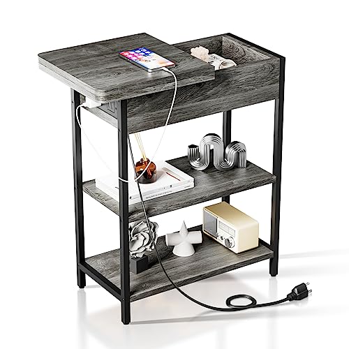 HOUIT End Table with Charging Station, Narrow Flip Top Side Table with USB Ports and Outlets, Nightstand with Storage for Small Spaces, Bedside Tables for Living Room, Bedroom - Gray