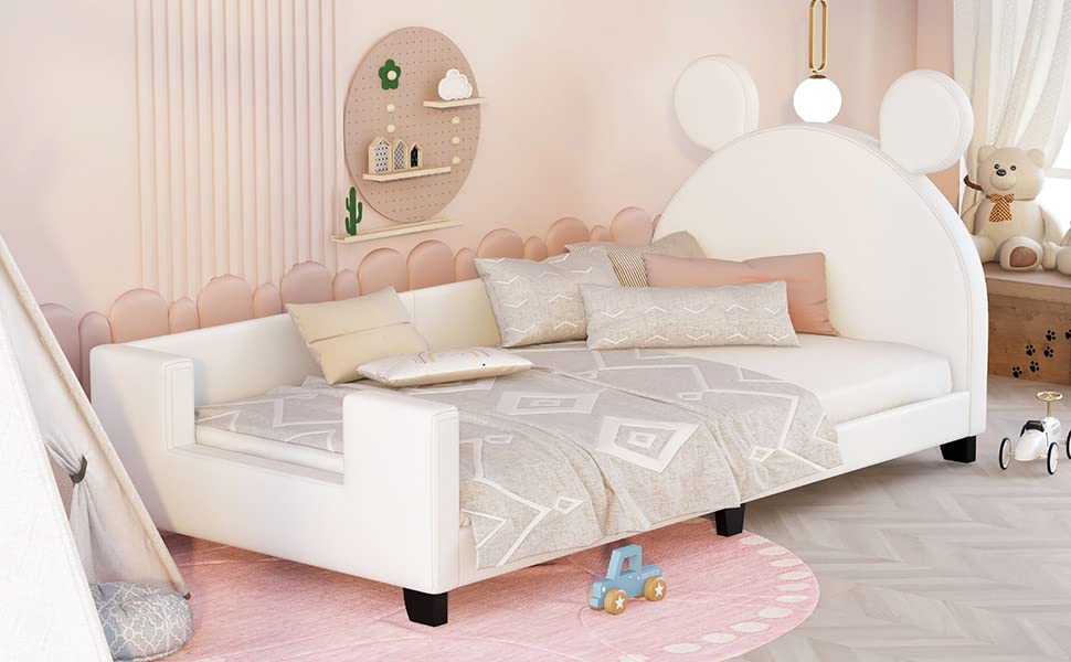 Harper & Bright Designs Twin Size Upholstered Daybed with Carton Ears Shaped Headboard for Kids Boys Girls, White