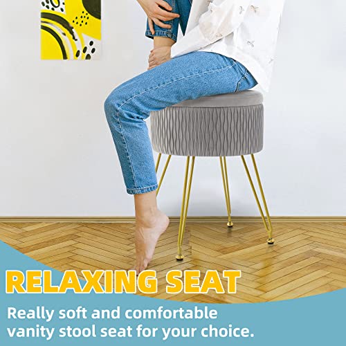 GERANT Velvet Storage Ottoman Vanity Stools - Multifunctional Upholstered Pleated Round Footrest with Golden Metal Legs,Removable Coffee Table Top Cover,Suitable for Living Room,Bedroom(Gray)