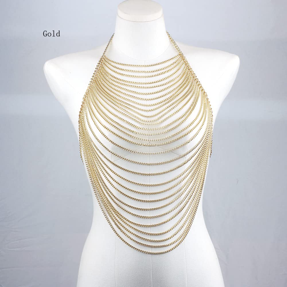 CHRAN Full Body Chain Jewelry for Women Sexy Costume Multilay Silver Metal Chain Harness