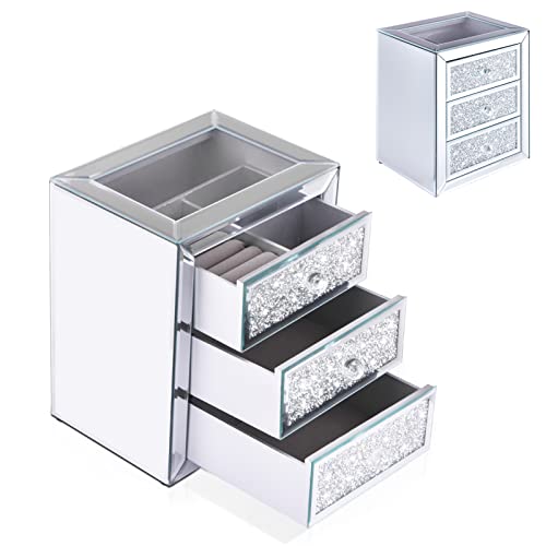 MOMNGNE Mirrored Glass Jewelry Box with 3 Drawer, Multi-layer Crushed Diamond Glass Mirrored Jewelry Box for Women,Mothers Day Gift
